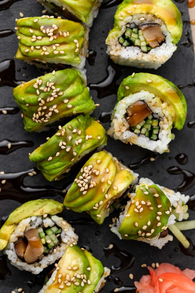 Vegan Caterpillar Sushi Roll with An Avocado Topping • Vegan Everytime